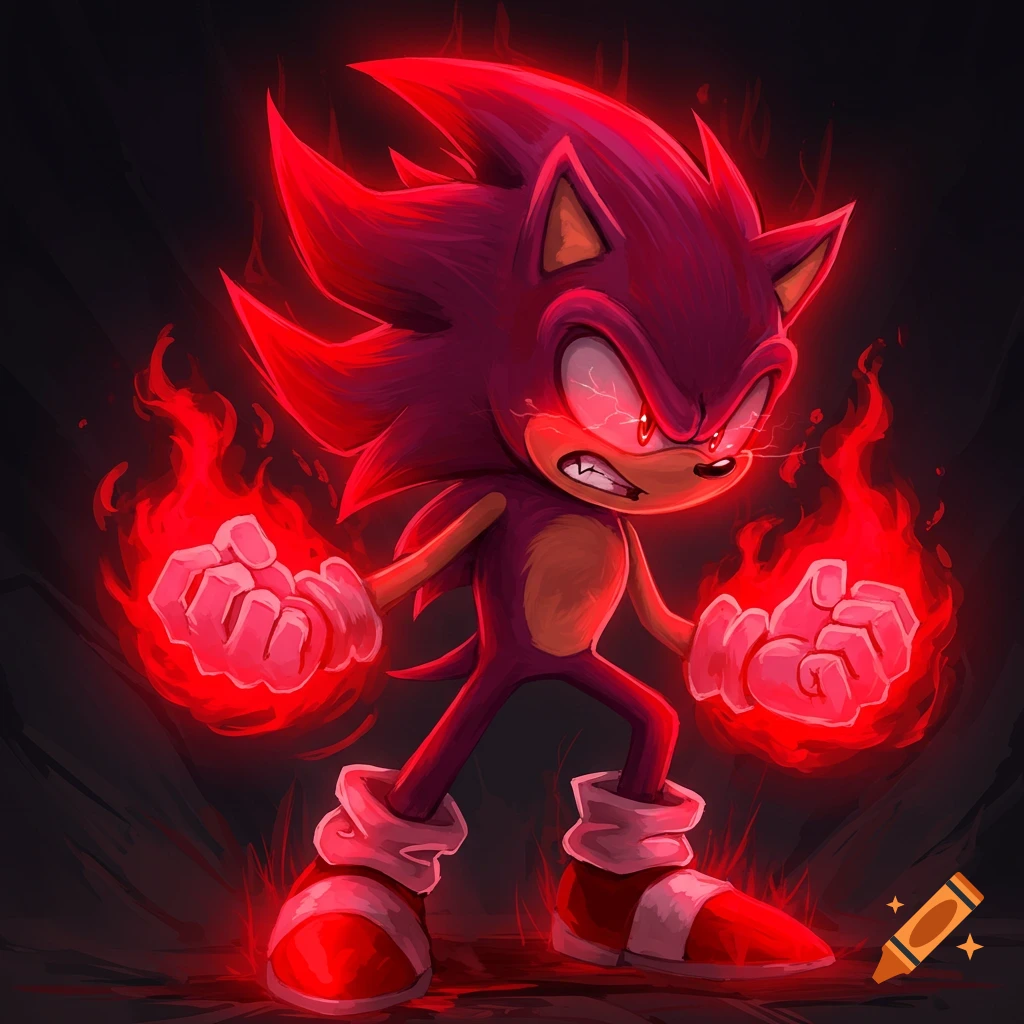 Angry red hedgehog character with glowing eyes and fiery hands on Craiyon