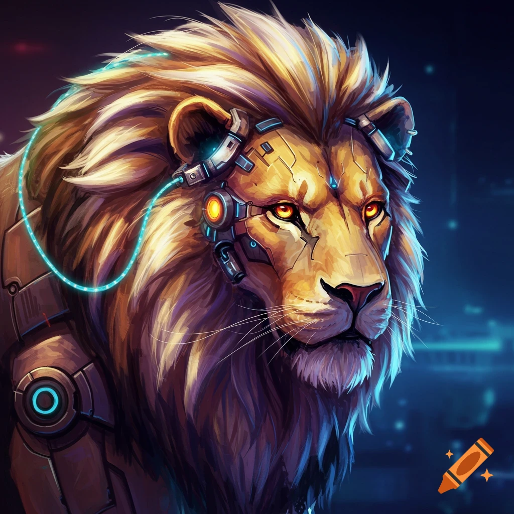 A cyborg lion with glowing eyes and cybernetic implants on Craiyon