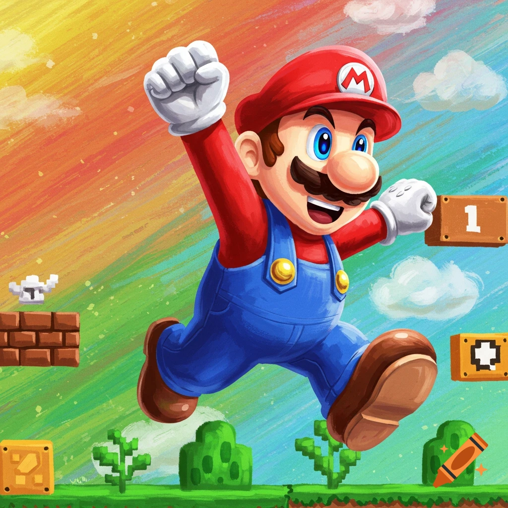 Cartoon image of Mario jumping in a Super Mario Bros level with clouds and goombas. on Craiyon