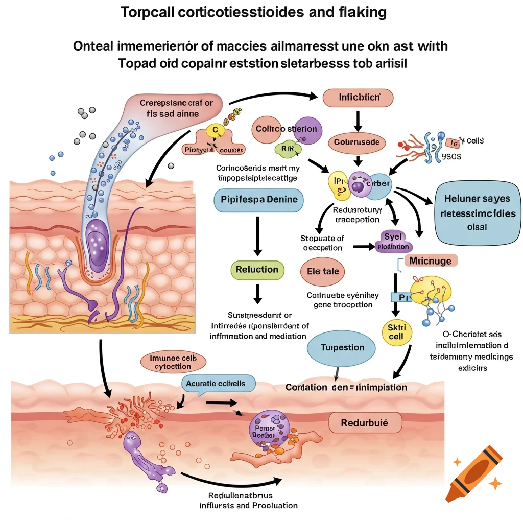 Diagram of topical corticosteroid mechanism in skin cell on Craiyon
