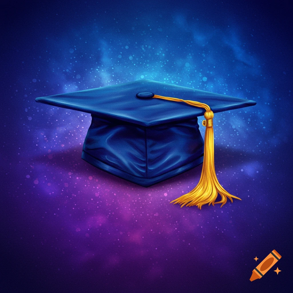 A graduation cap decorated with silver masks, a skull, and filigree ...