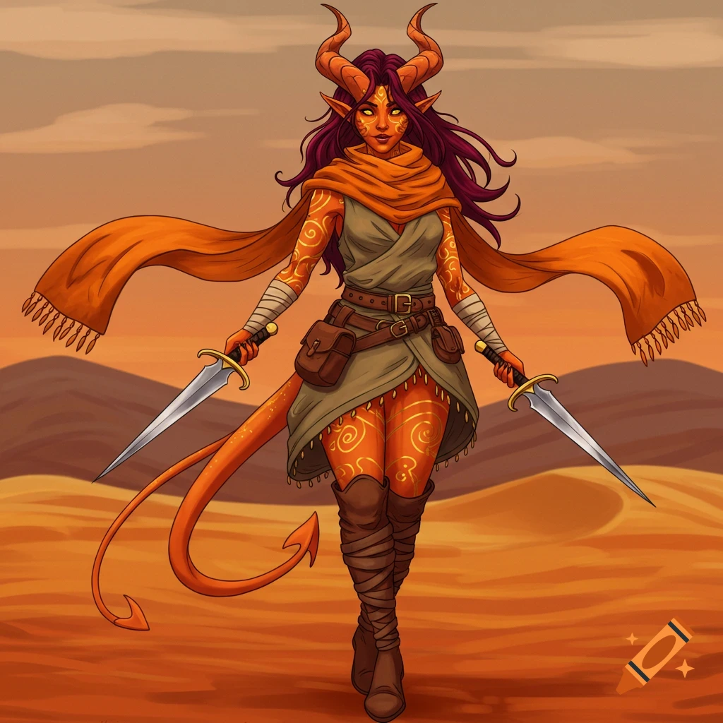 Orange tiefling woman with daggers, golden tattoos, and desert theme on ...