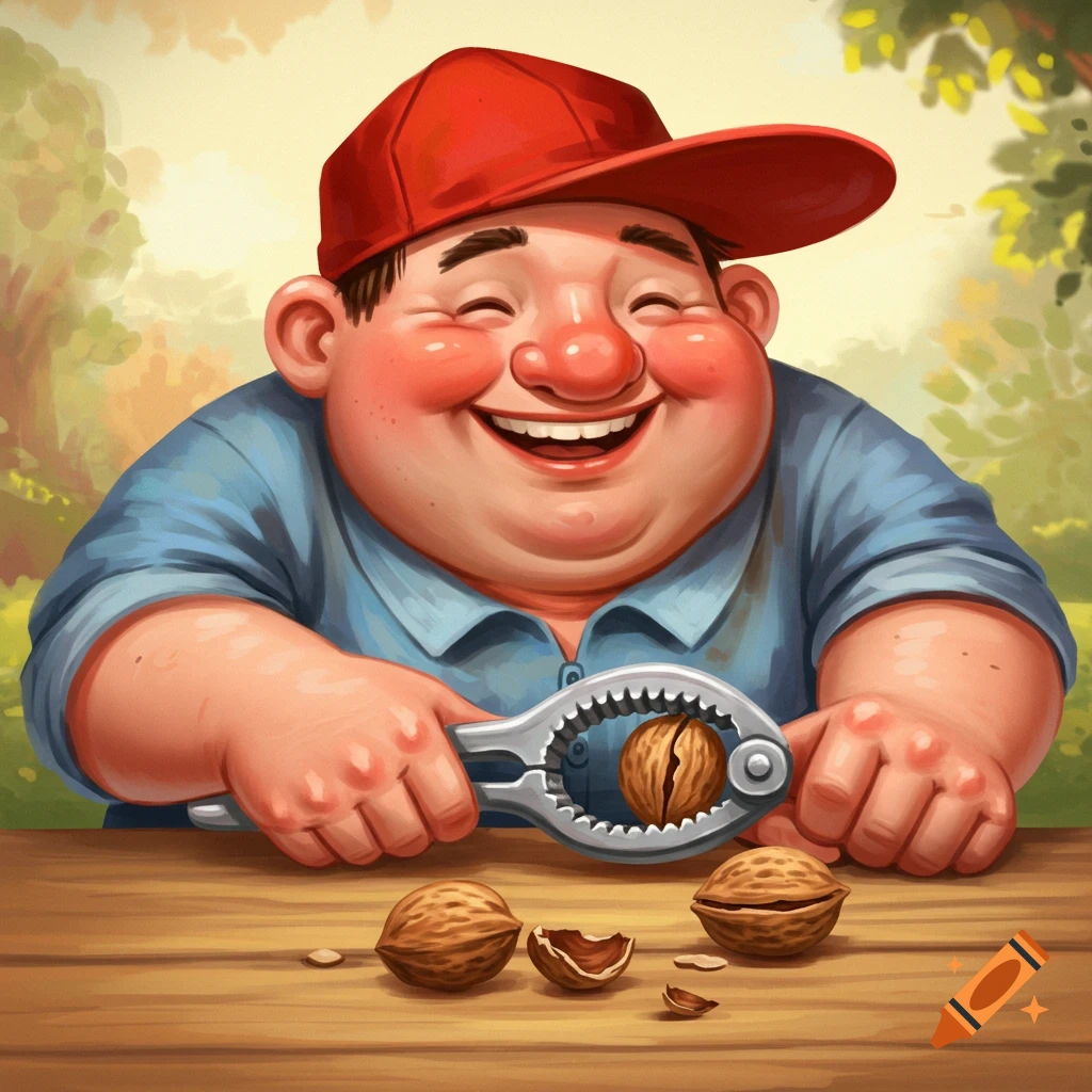 Happy man with red cap cracking a nut with a nutcracker on Craiyon