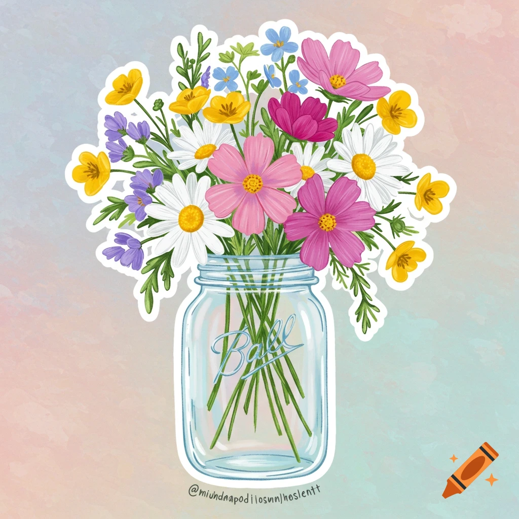 Digital illustration of a bouquet of colorful wildflowers in a clear ...