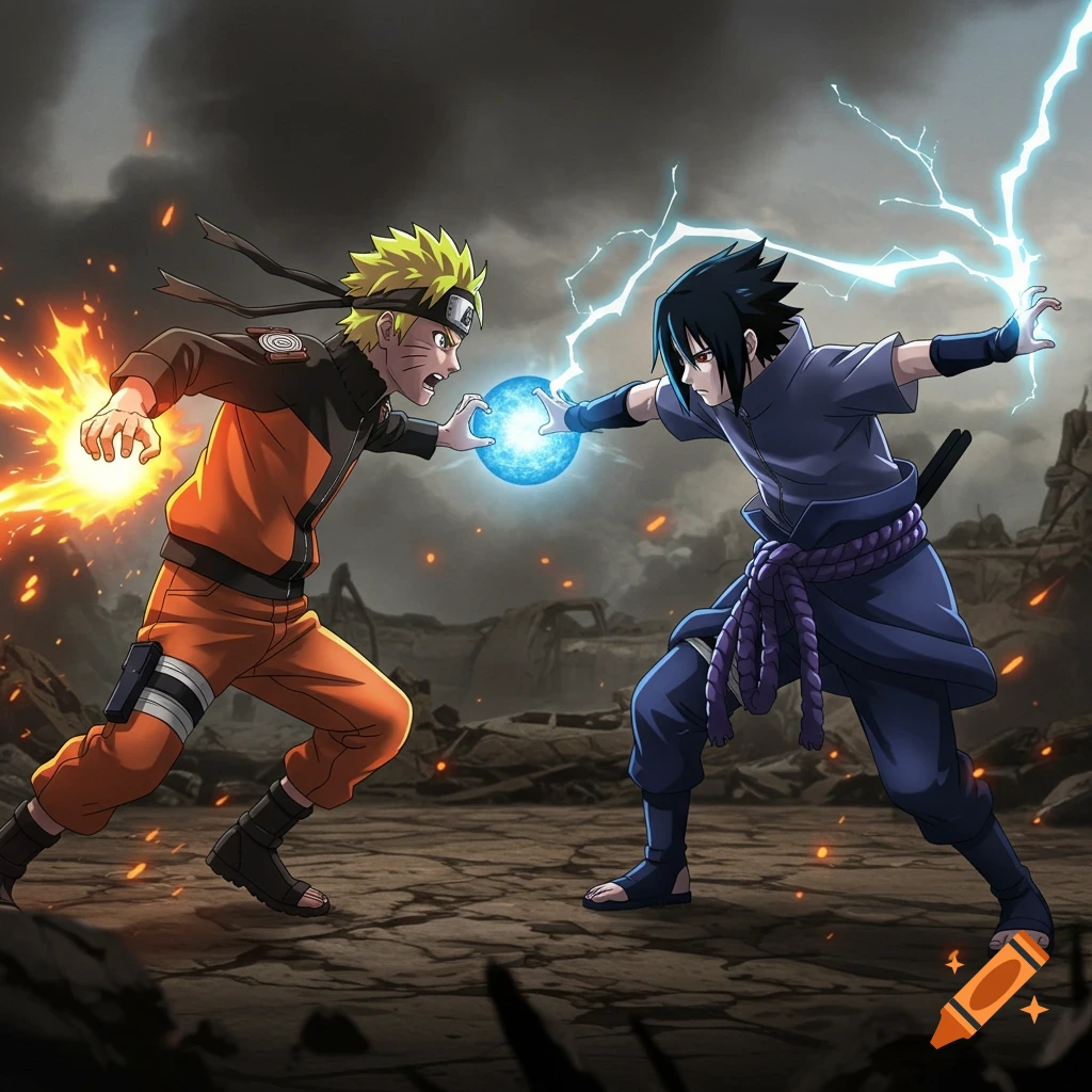 Anime illustration of Naruto and Sasuke fighting, using energy attacks ...