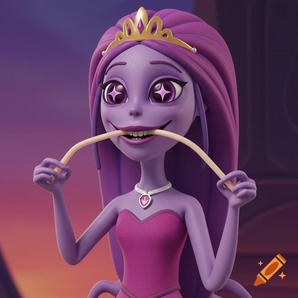 A cartoon purple alien princess with star eyes pulls a white tube from ...