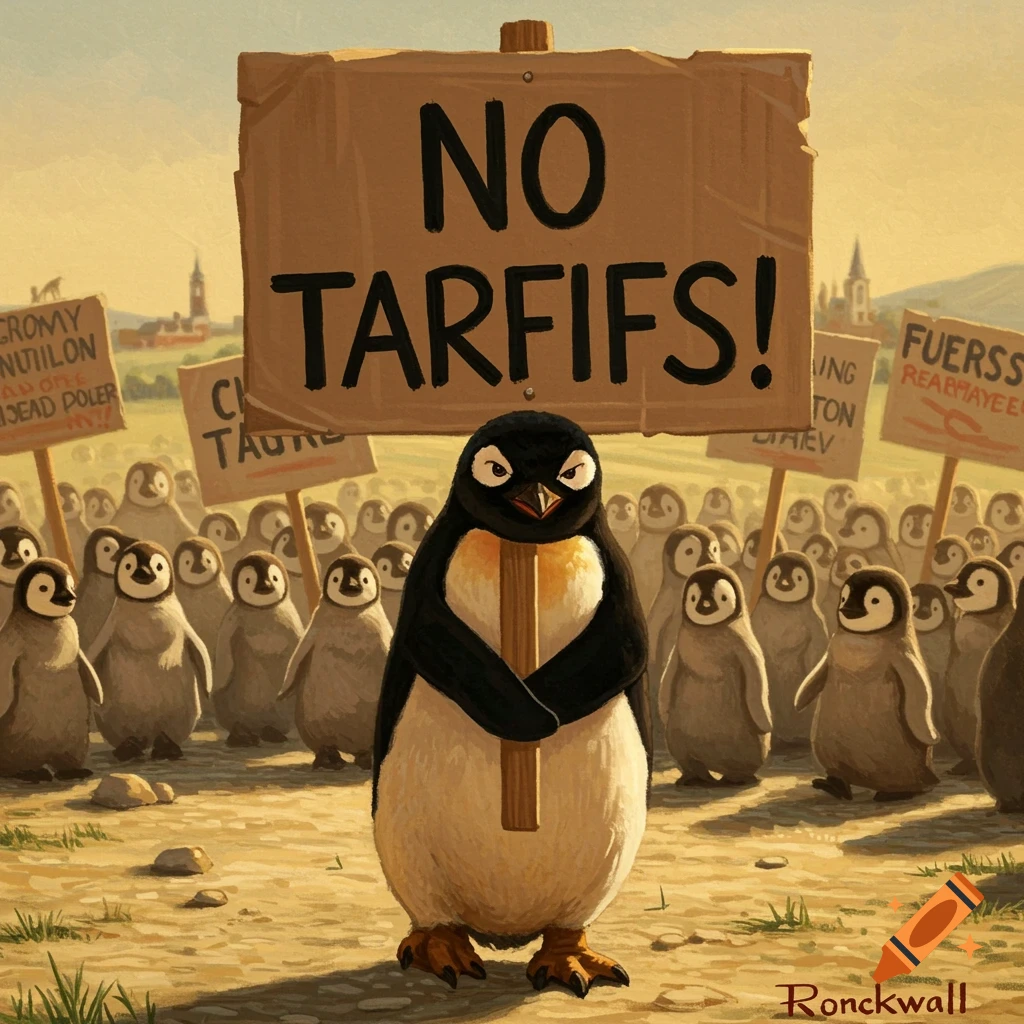 Irritated penguin with protest sign in Norman Rockwell style on Craiyon