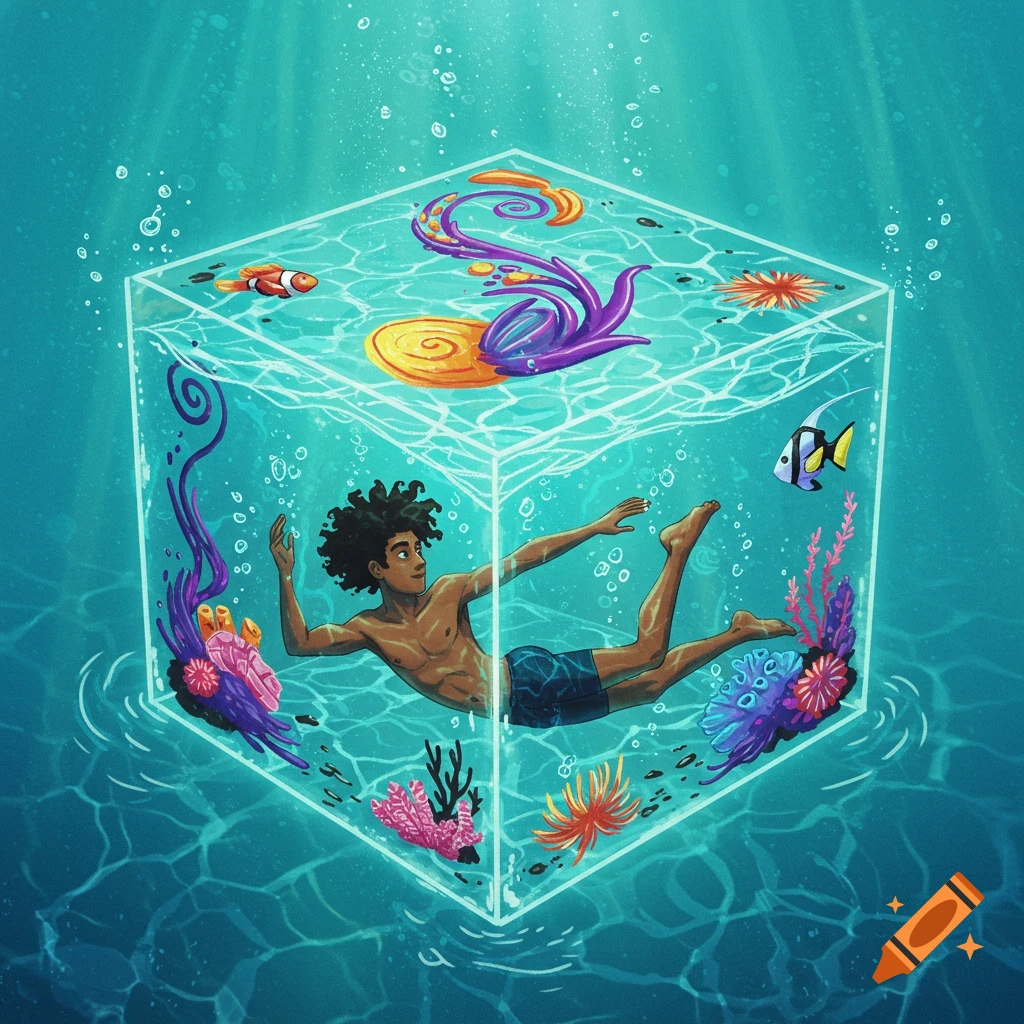A young man swimming inside a transparent cube with fish and coral. on ...