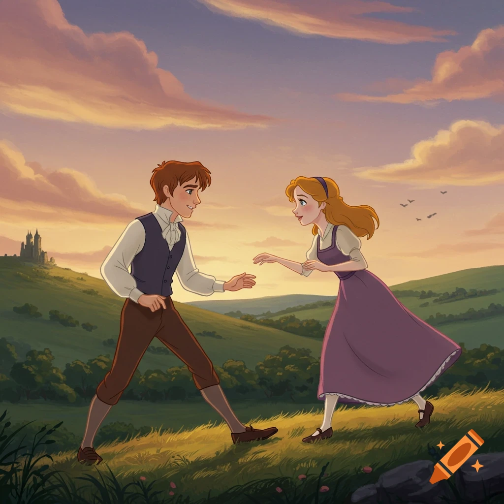 Animated couple hugging and smiling with pink flowers and text overlay ...