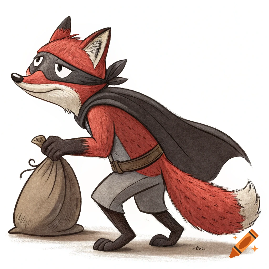 Cartoon red fox dressed as a robber holding a bag. on Craiyon