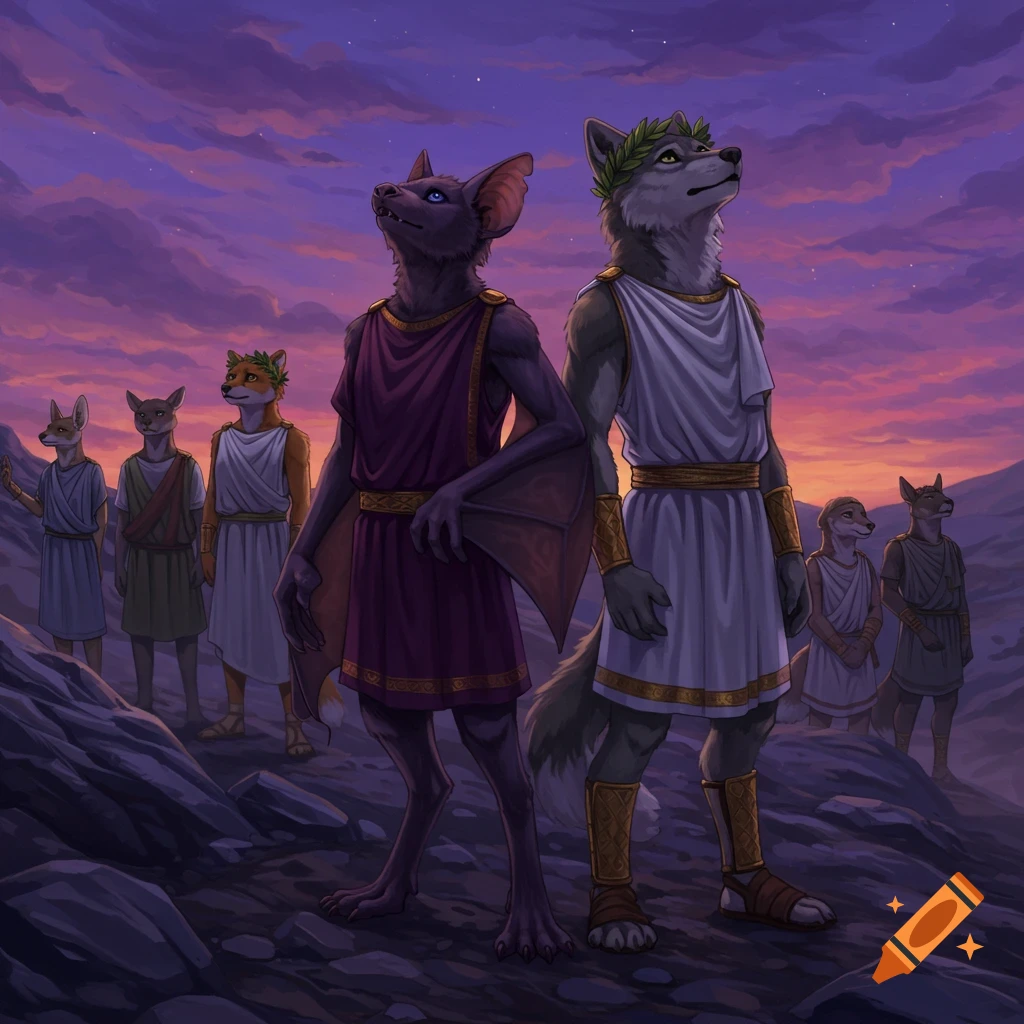 Anthropomorphic bat and wolf gazing at the sky in ancient Greek ...