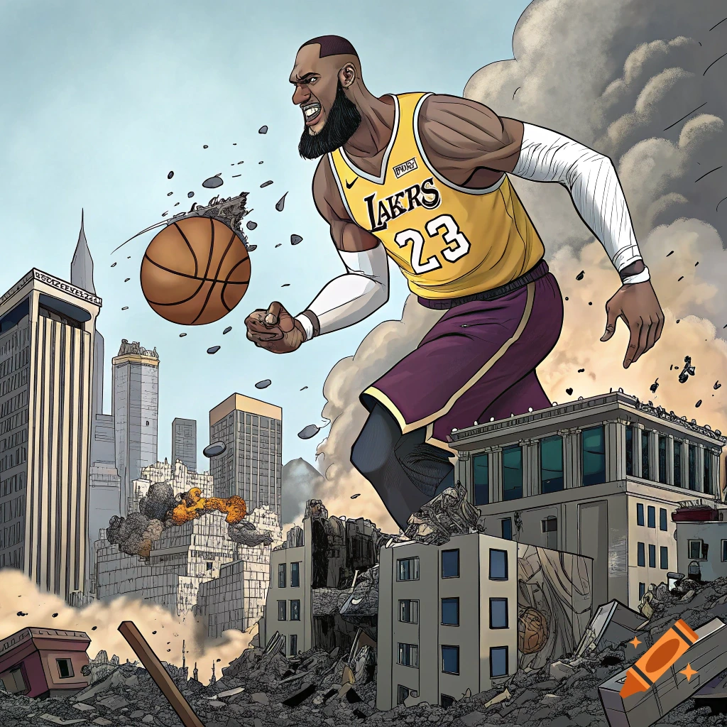 Giant cartoon LeBron James in Lakers jersey stands over destroyed city ...