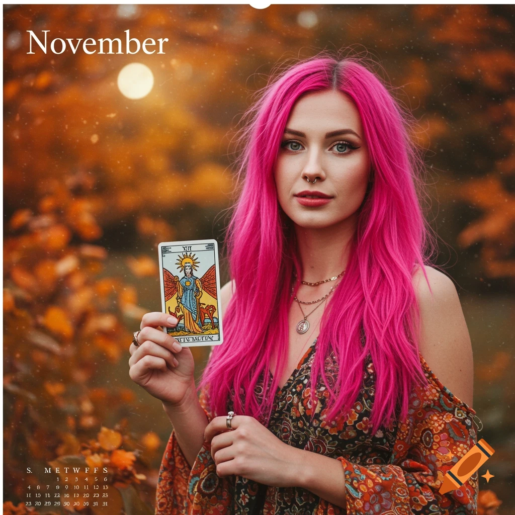 Vintage calendar cover with ethereal pink-haired woman, tarot card vibe ...