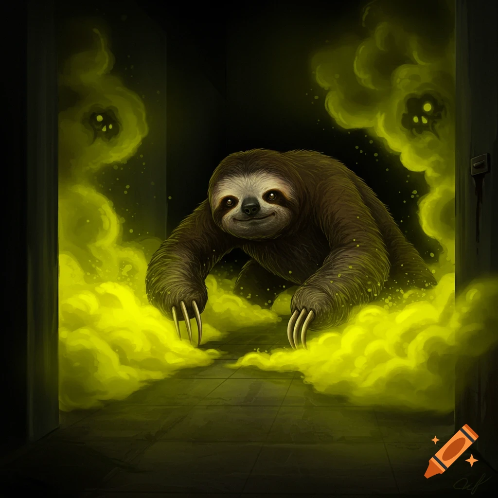 Horror sloth crawling in a room with yellow gas on Craiyon