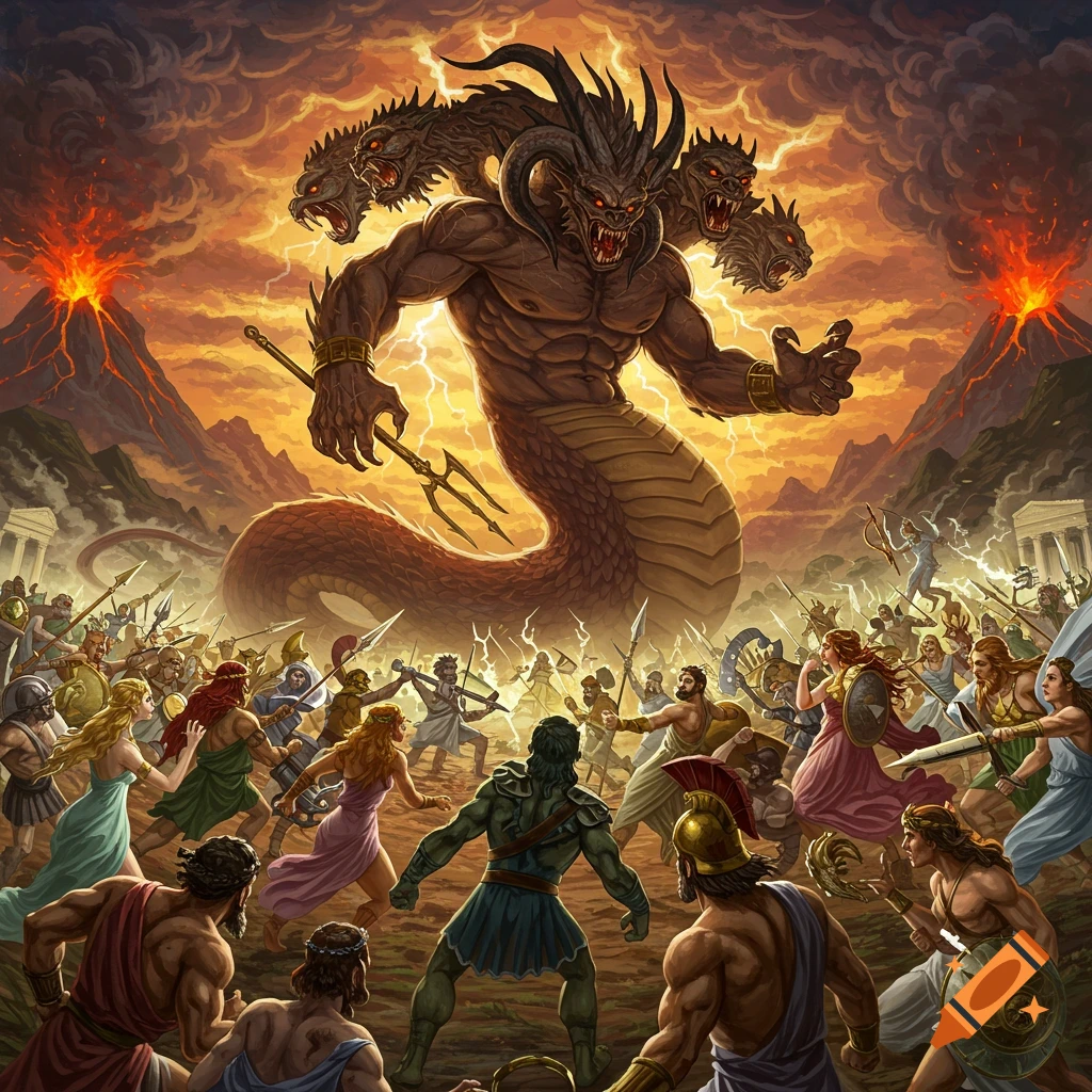 A multi-headed monster fighting warriors amidst erupting volcanoes. on ...