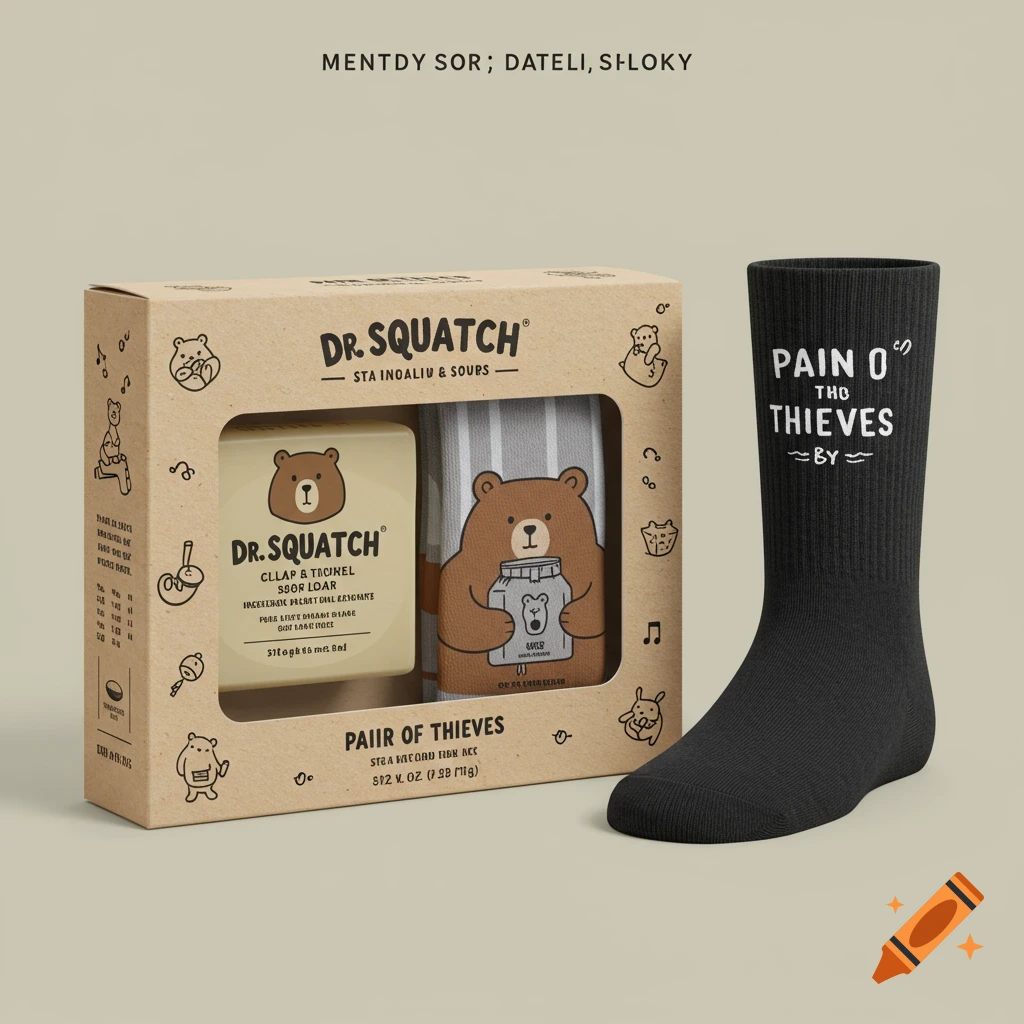 3D render of Dr. Squatch soap bar and Pair of Thieves sock in branded ...