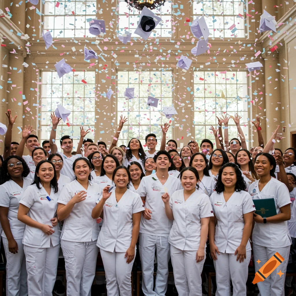Nursing school graduation, students in white scrubs, confetti, class of ...