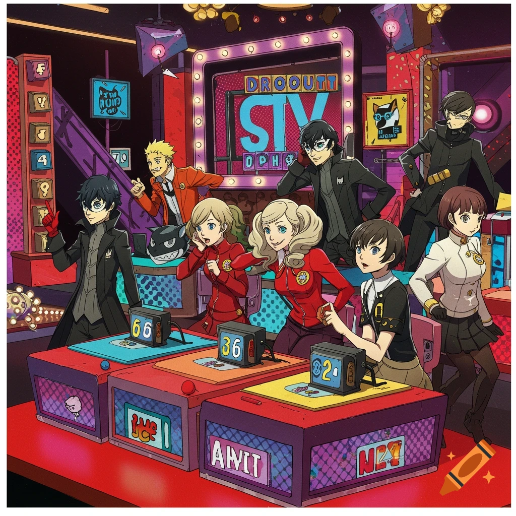 Persona 5 characters on Dropout TV's 'Game Changer' game show on Craiyon