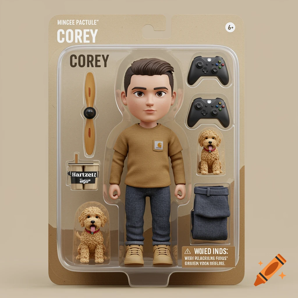 A boy action figure in blister packaging with a VR headset, hotdogs ...