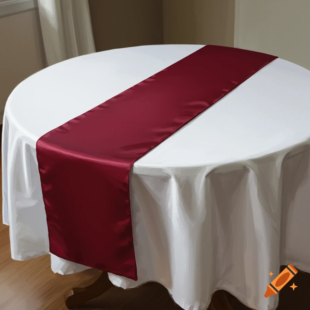 Round table with white tablecloth and burgundy runner on Craiyon