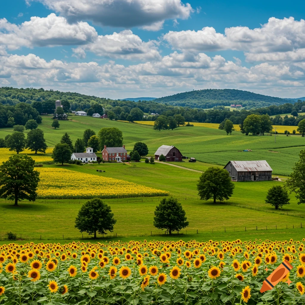 A scenic farm landscape with barns, a house, green fields, and a large ...