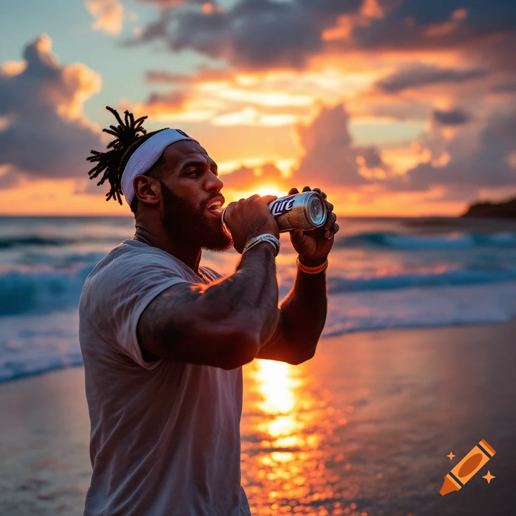 LeBron James chugging a Miller Lite on a beach at sunset on Craiyon