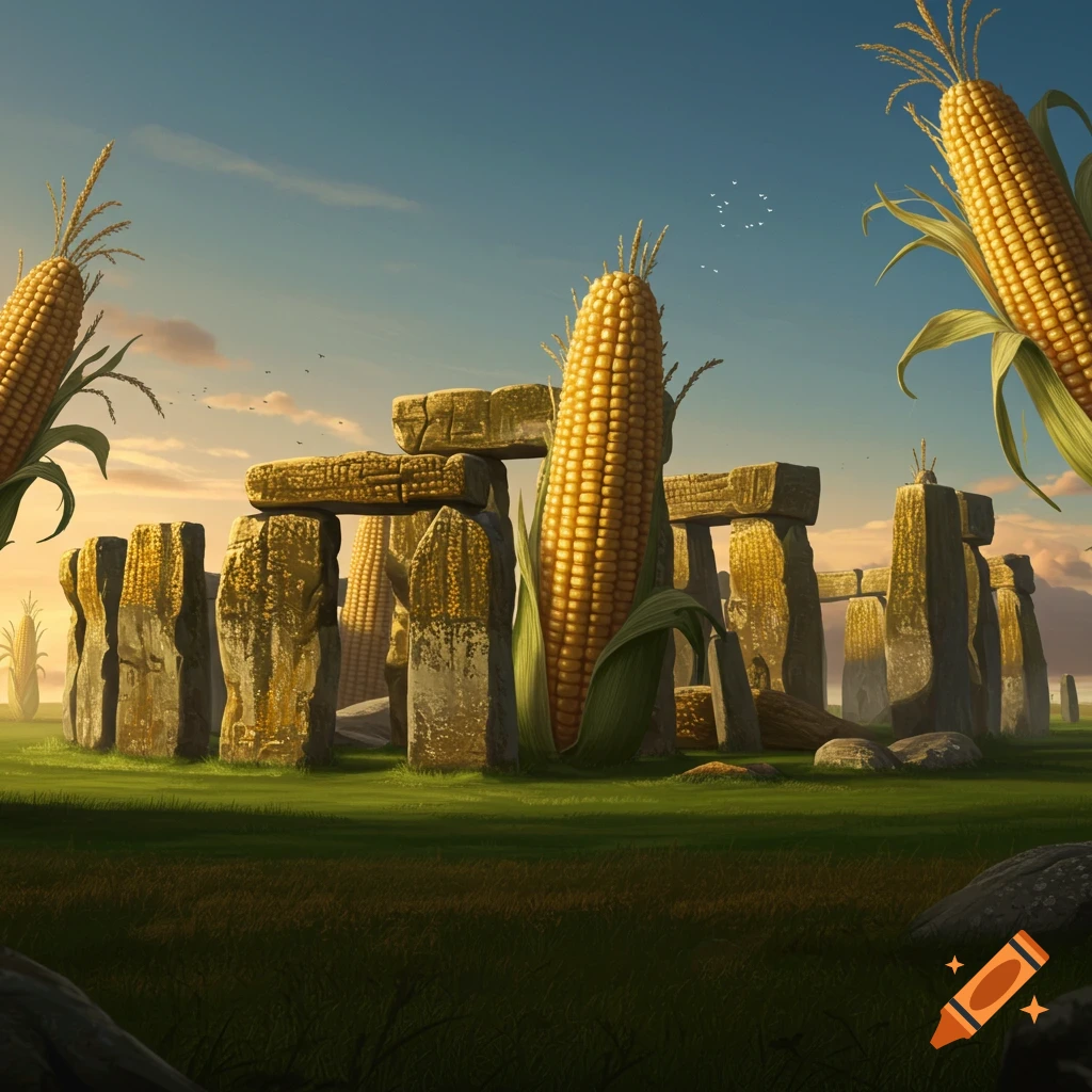 A scene depicts Stonehenge built from giant corn cobs, set in a grassy ...