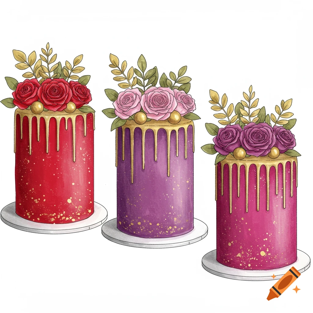Illustration of three tall cakes with gold drip icing, topped with roses and golden leaves. The ...