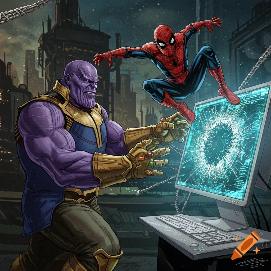 Thanos battles Iron Man, Captain America, and Thor in a stormy scene ...