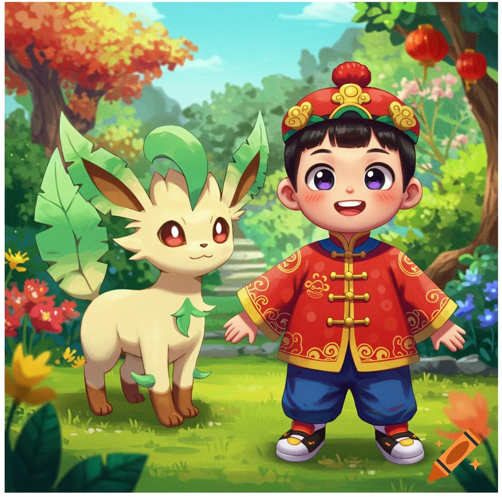 Cartoon painting of a boy in Chinese clothing next to a Leafeon in a ...