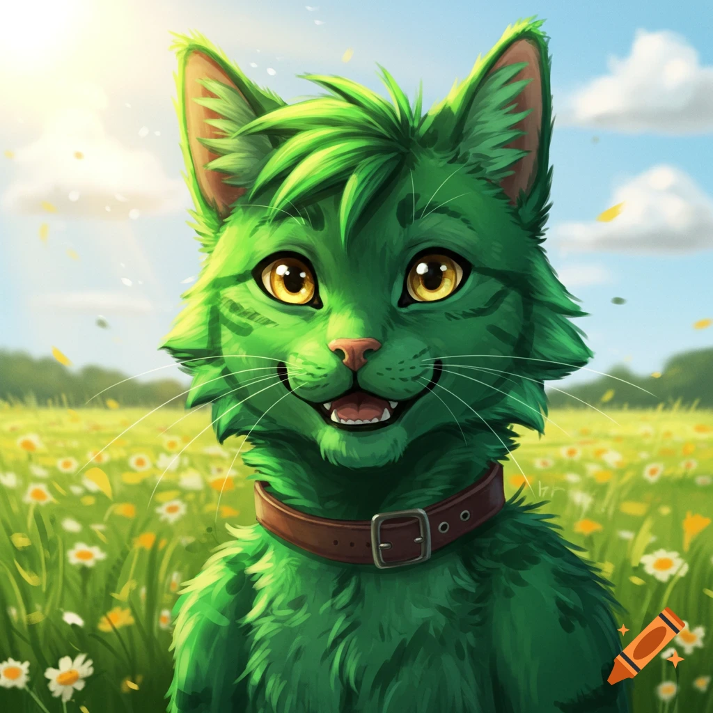 A smiling green anthro cat in a field of daisies. on Craiyon