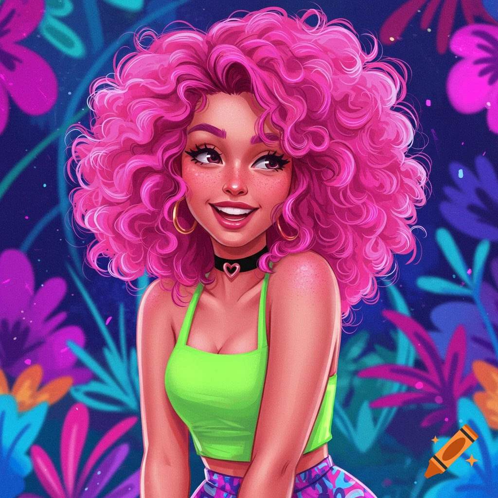 A cartoon portrait of a young woman with pink afro hair wearing a pink ...