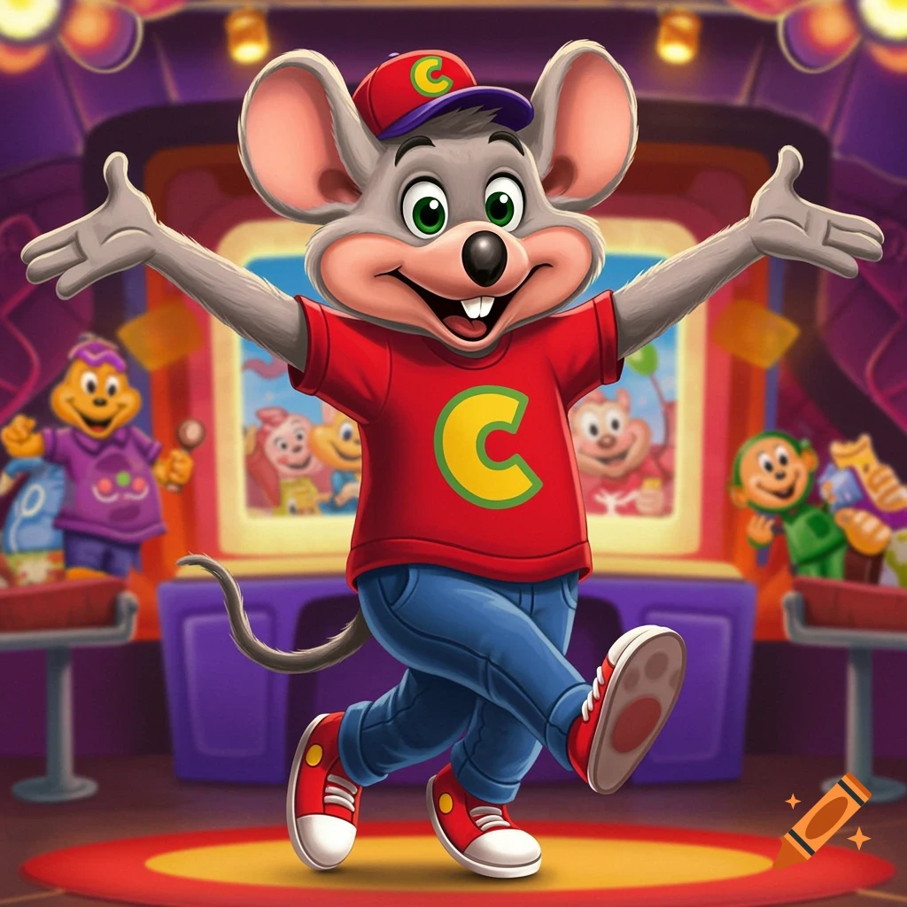 Chuck E. Cheese, a cartoon mouse, is dancing on stage with his arms ...