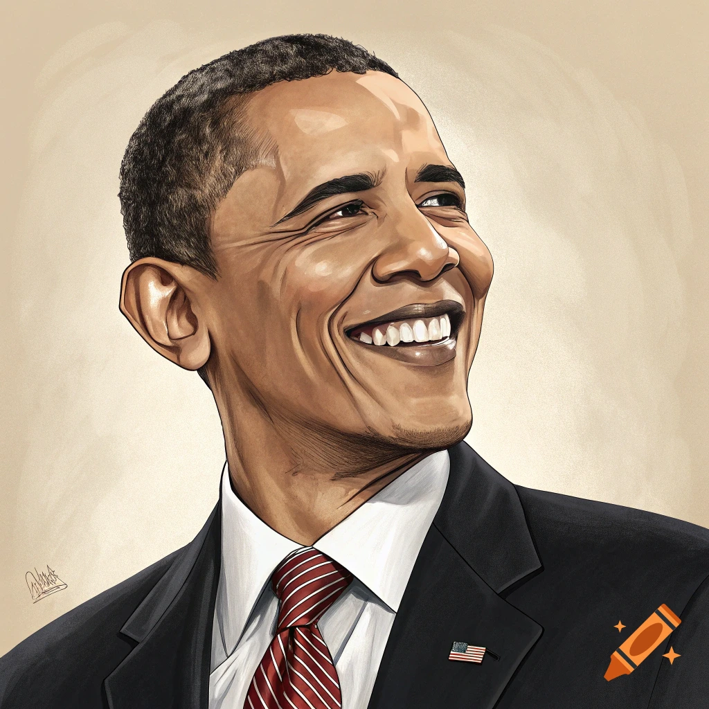 Caricature portrait of Barack Obama smiling in a suit and tie on Craiyon