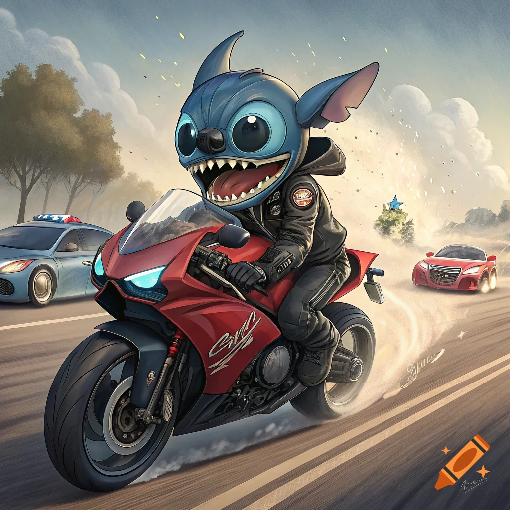Anthropomorphic frog in cyberpunk suit riding glowing Tron motorbike at ...