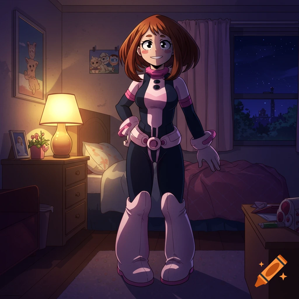 Anime character Ochako Uraraka in hero costume in her bedroom at night ...