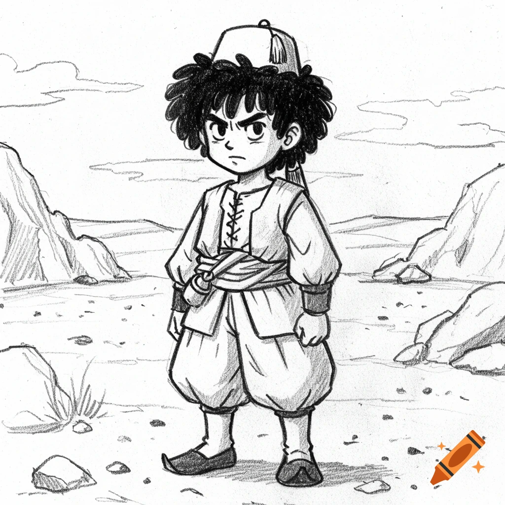 Dragon Quest style pencil sketch of a Middle Eastern young man with ...