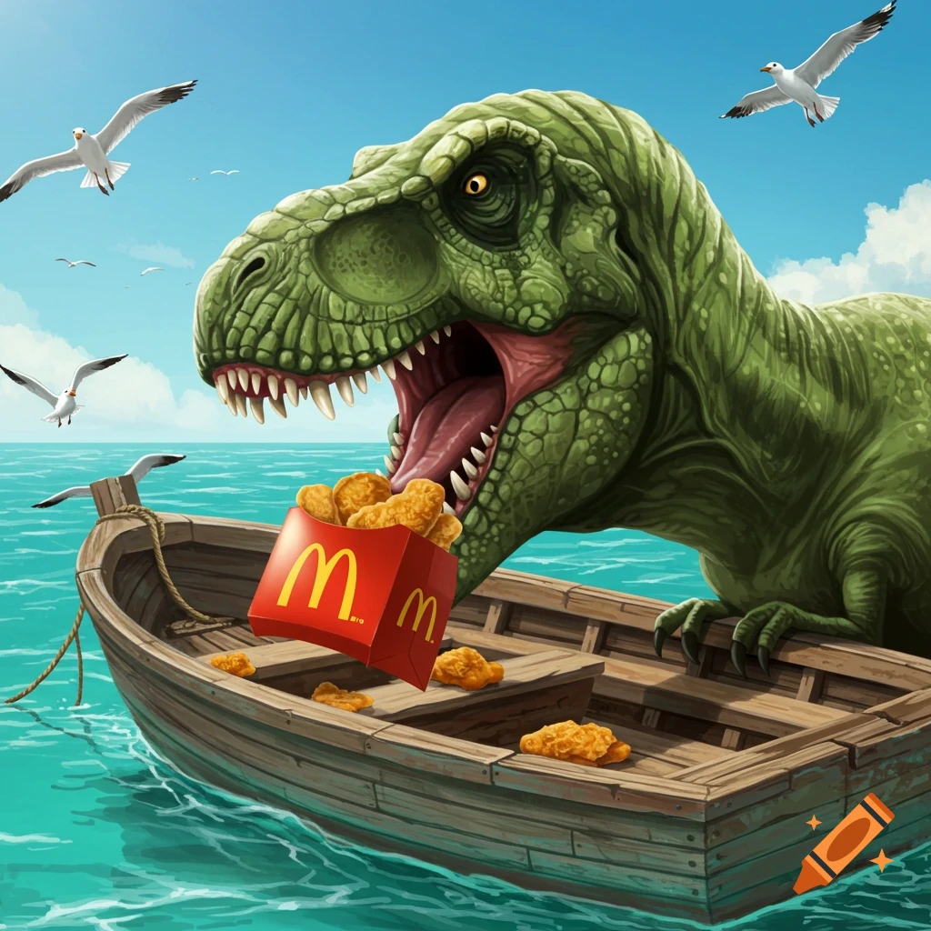 T-Rex eating McDonald's chicken nuggets on a boat in the ocean on Craiyon