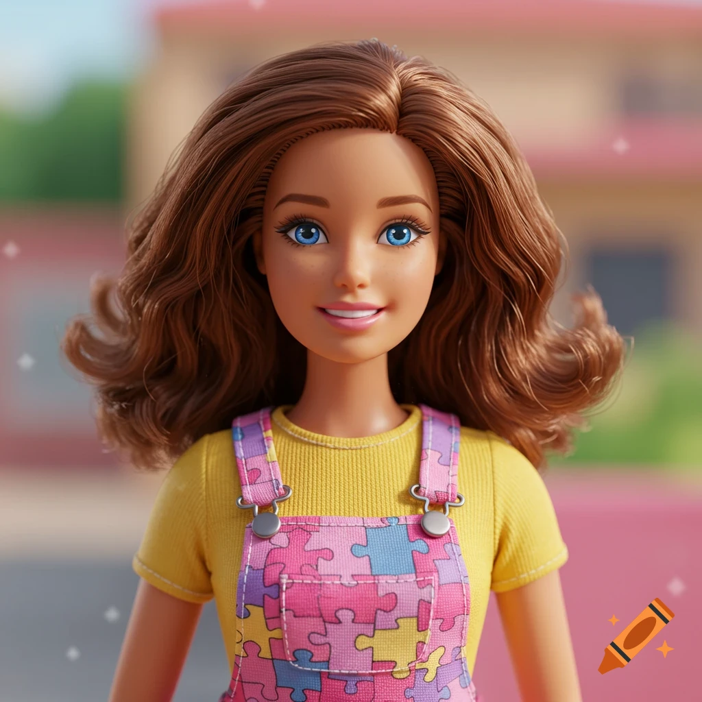 Barbie with brown wavy hair and puzzle-piece pink overalls on Craiyon