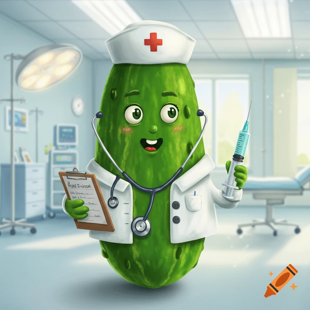 A cartoon pickle dressed as a nurse holds a stethoscope in a hospital ...