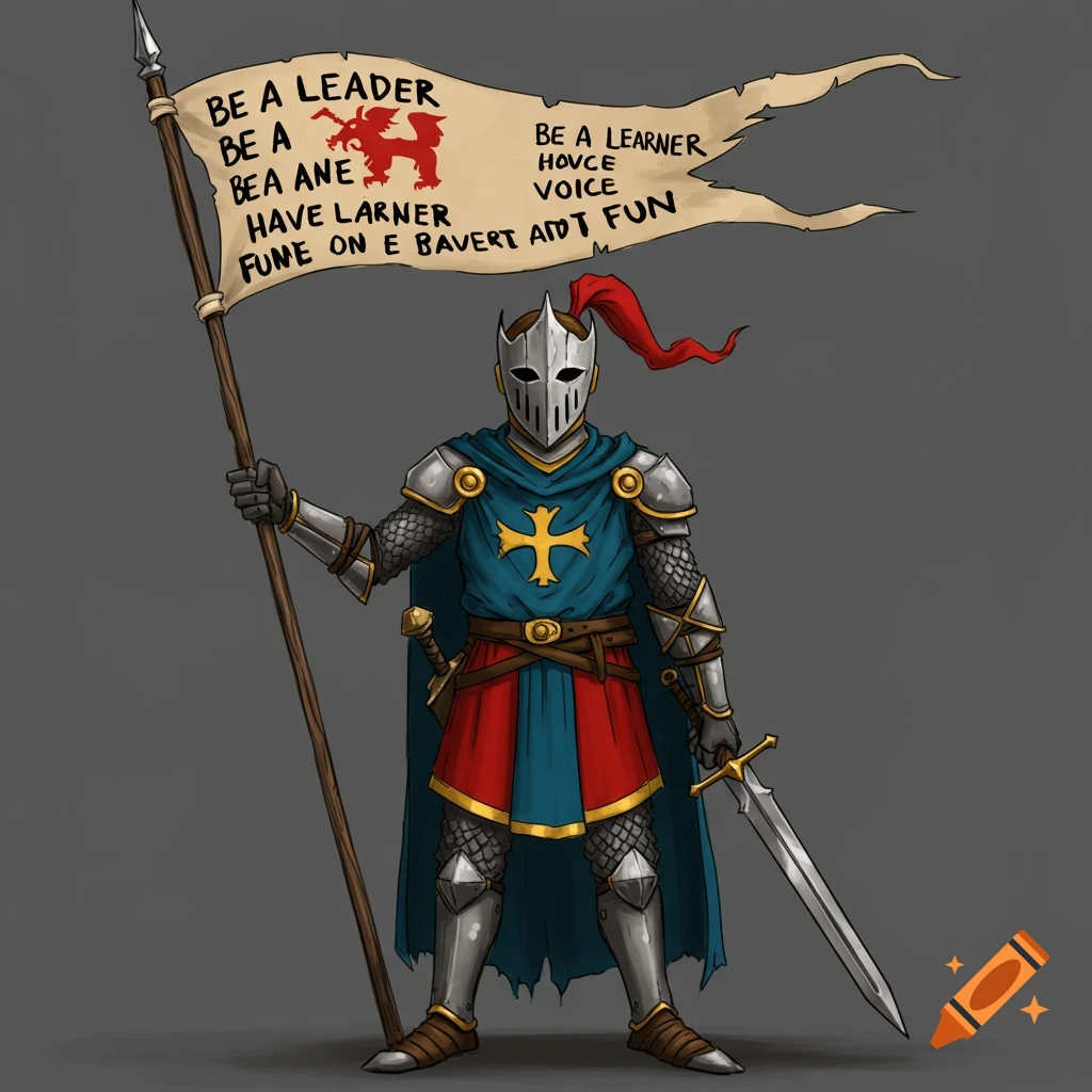 Knight with sword and flag reading 'Be a leader, be a learner, have a ...