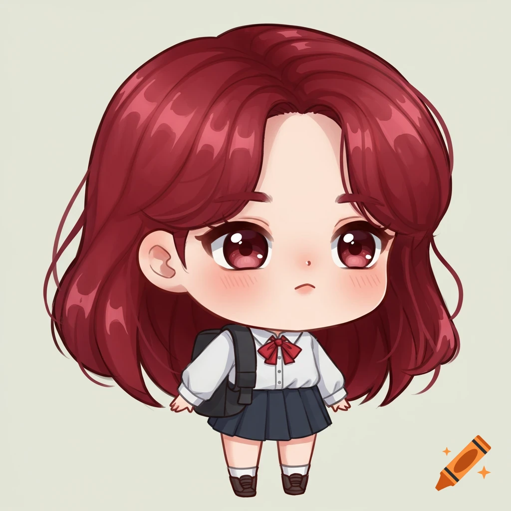 Character design sheet for a cool red-haired, K-style chibi student on ...