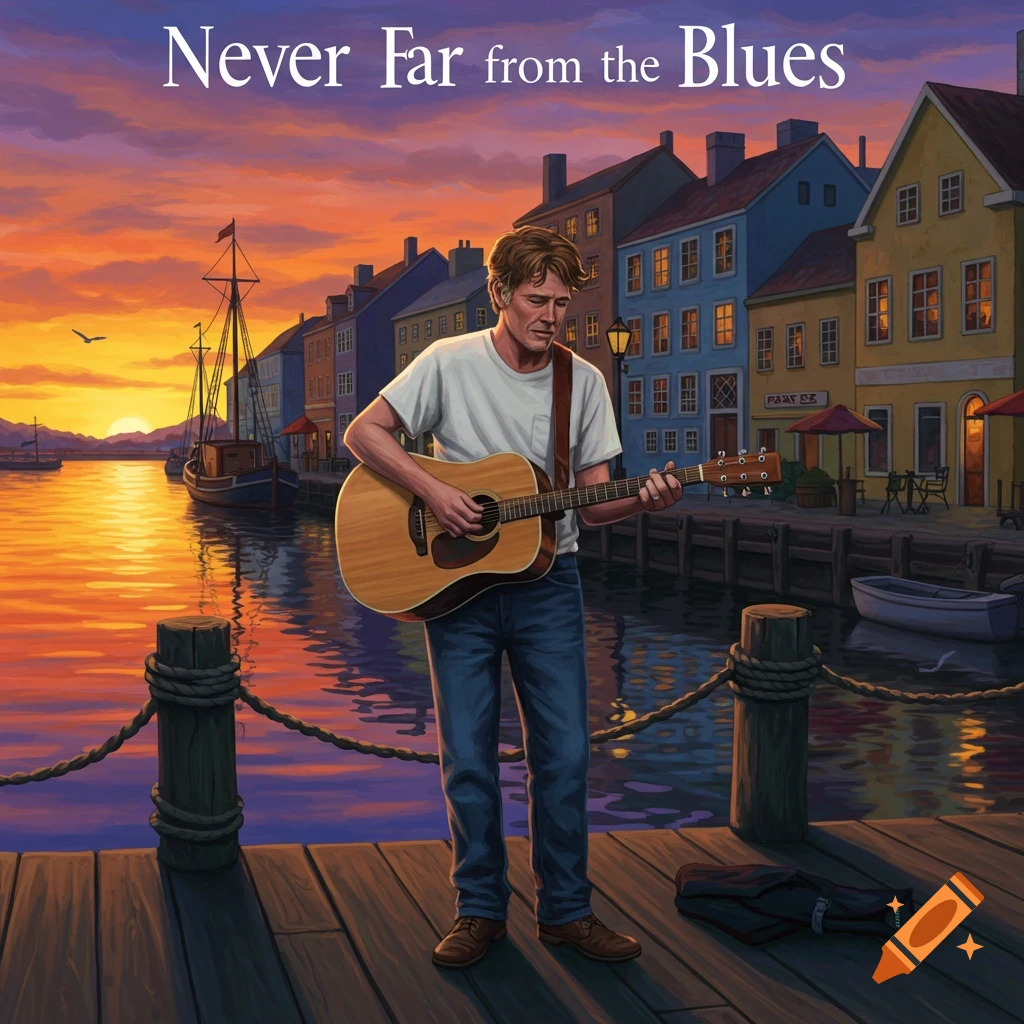 Bluesy seaport with white male guitar player, titled "Never Far from ...