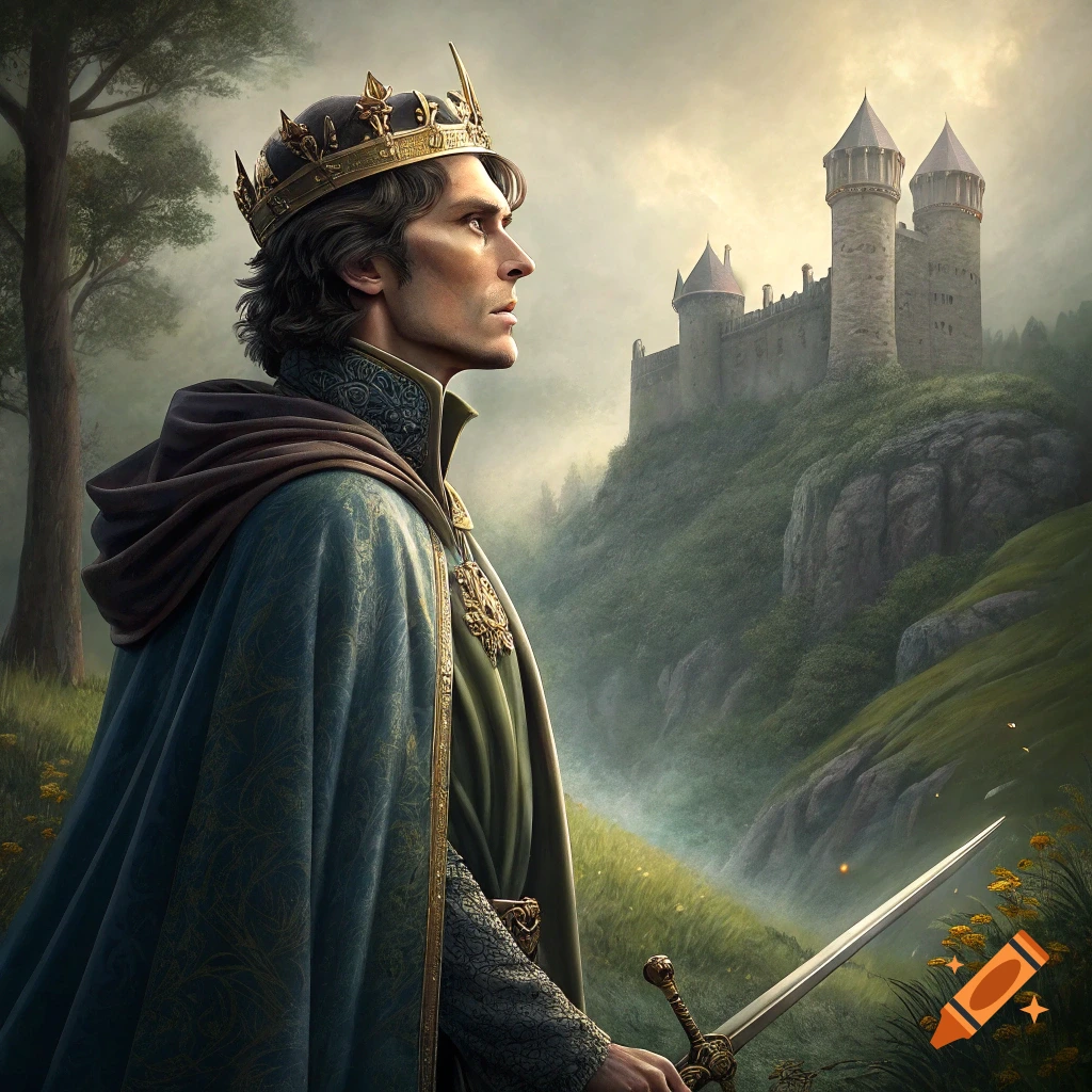 A king with a crown and sword stands before a castle in a fantasy ...