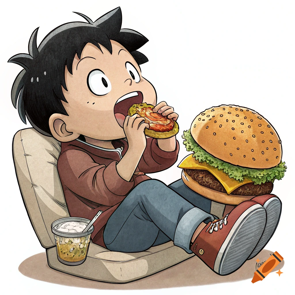 Anime character sits eating a burger with a giant burger and drink ...