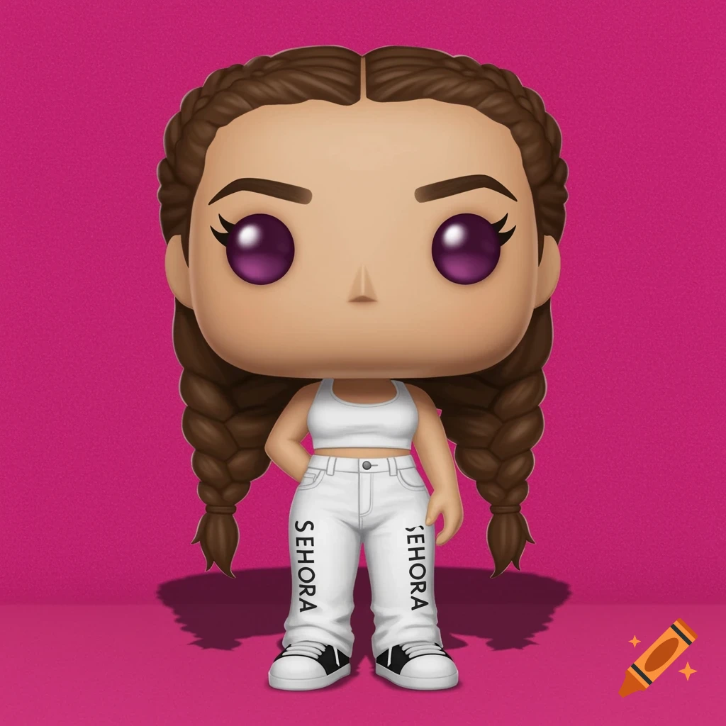 Funko Pop figure with pink eyes, French braids, and white jeans on Craiyon