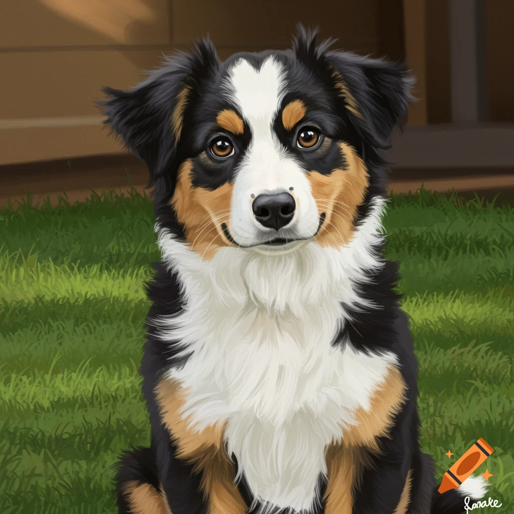 A black, white, and tan Australian Shepherd puppy sitting in grass. on ...