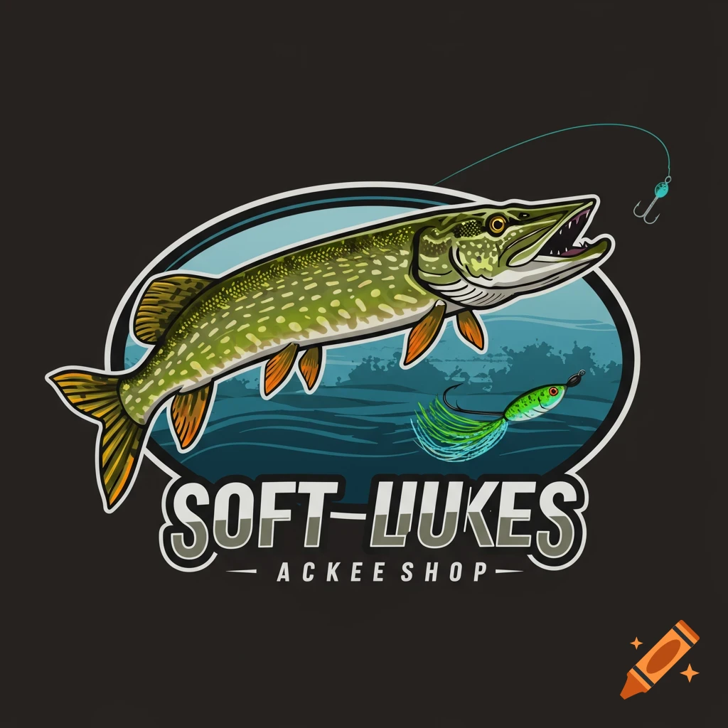 Fishing shop logo specializing in soft lures for pike on Craiyon
