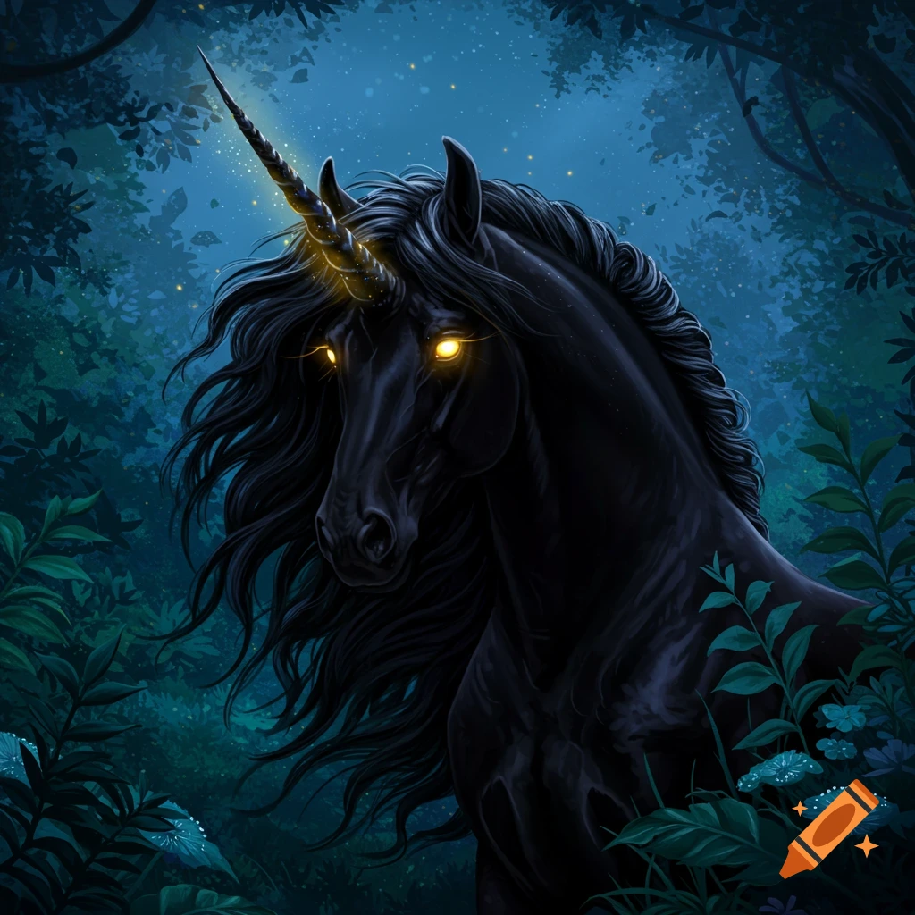 Angry white unicorn with glowing red eyes and dark purple mane standing in a field of black ...