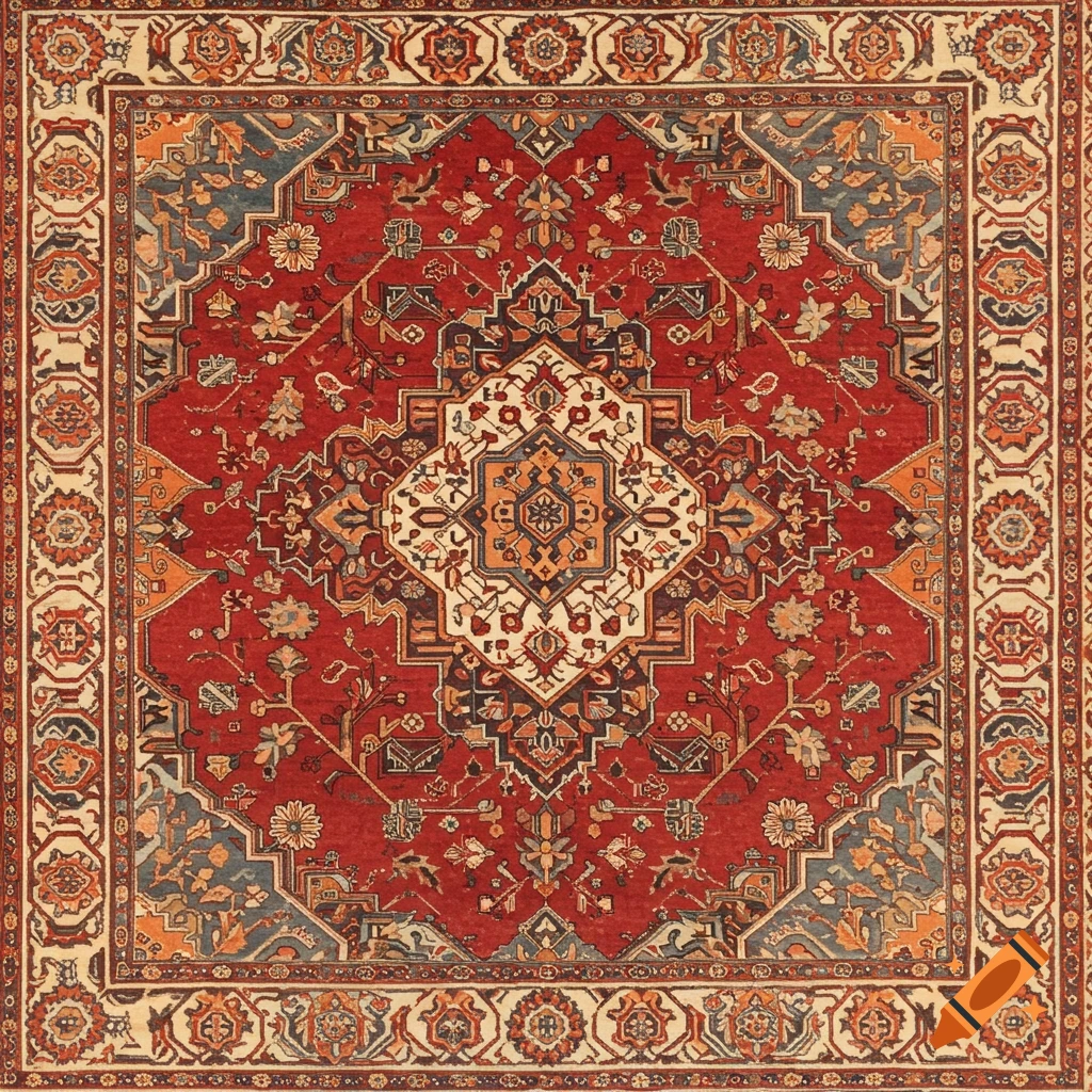 A Persian carpet with blue and cream traditional patterns and abstract ...